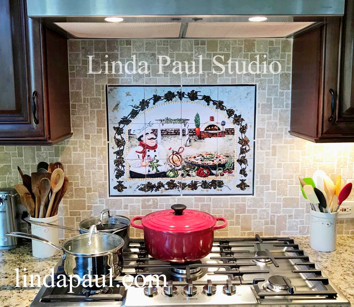 Italian Pizza Kitchen Tile Mural Backsplash With Fat Chef and Grape ...