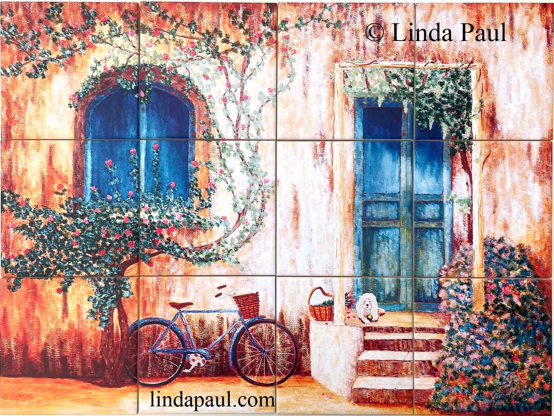 French Country Ceramic Tile Backsplash With Flowers and Blue Bicycle ...