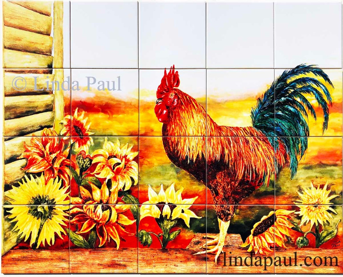 Rooster and Sunflowers Kitchen Tile Backsplash Mural in 6 Sizes - Etsy