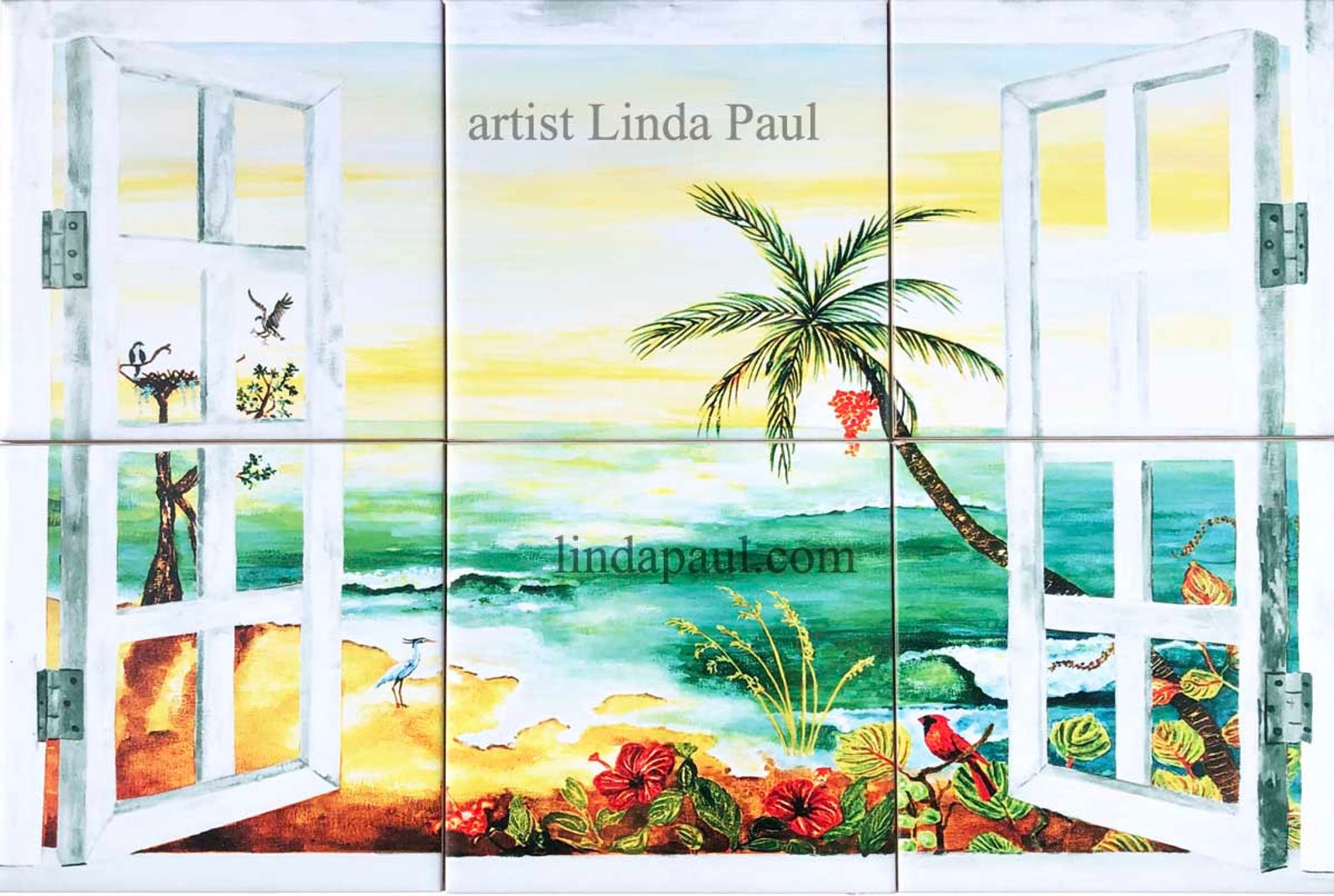 Tropical Tile Mural of Beach View, Ocean, Palm Tree and Birds Large and ...