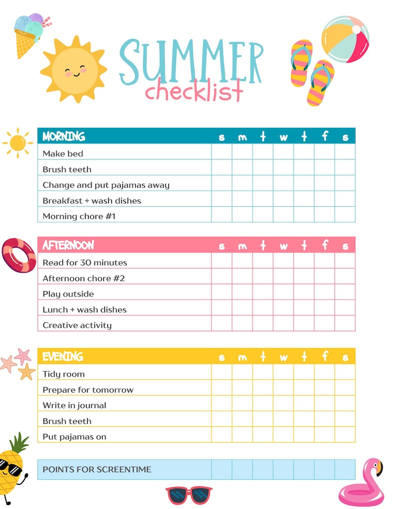Sumer Chore Chart for Kids - Printable Daily & Weekly Checklist - Fun ...