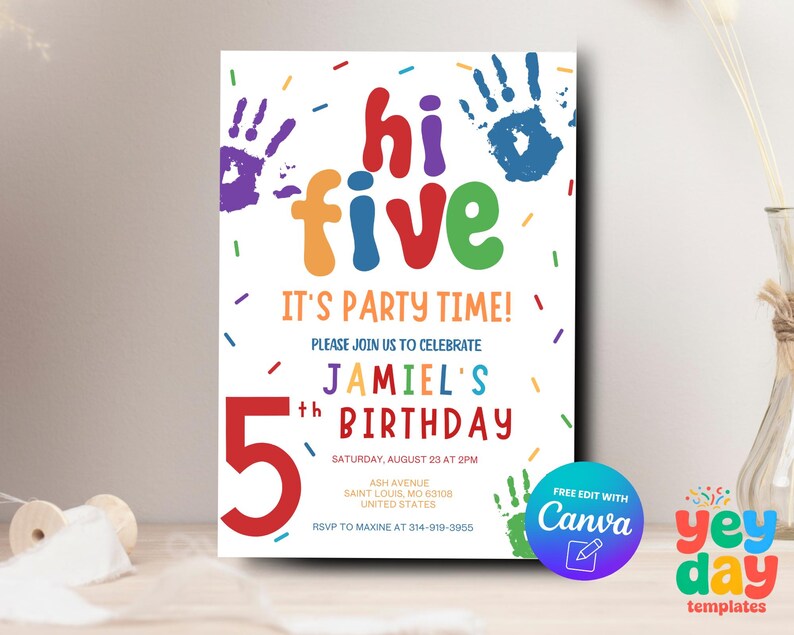 Hi Five Birthday Invitation, 5th Birthday Invite Template Digital ...