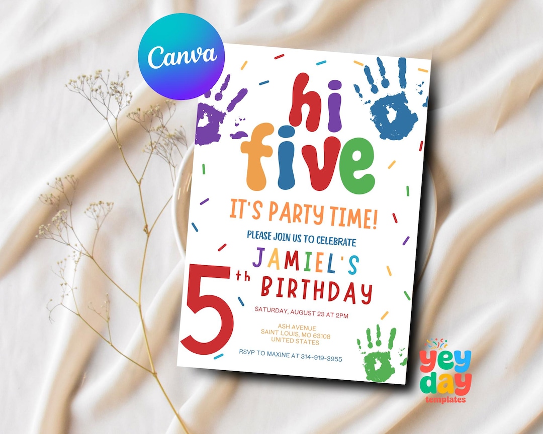 Hi Five Birthday Invitation, 5th Birthday Invite Template Digital ...