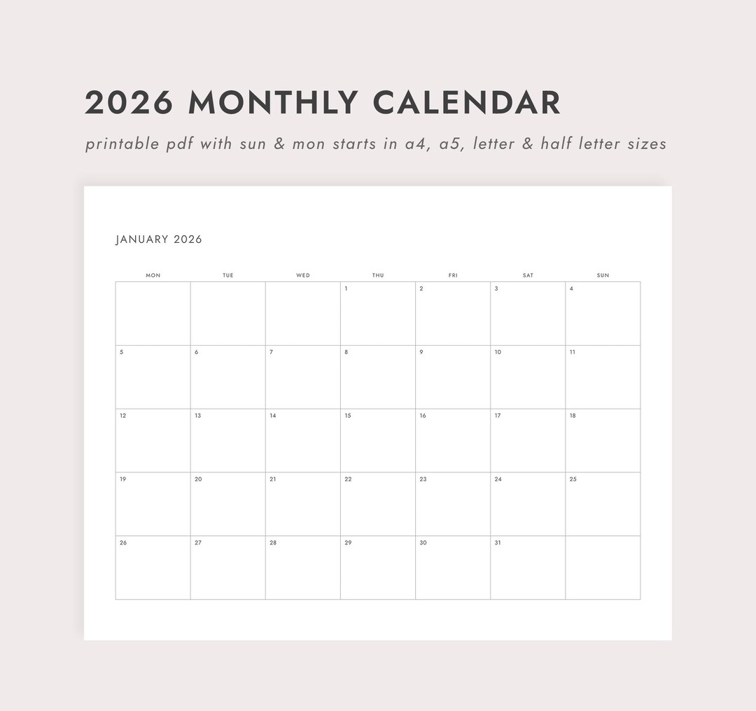 PDF 2026 Monthly Calendar: A4/a5/letter/half Letter Sizes (printable ...