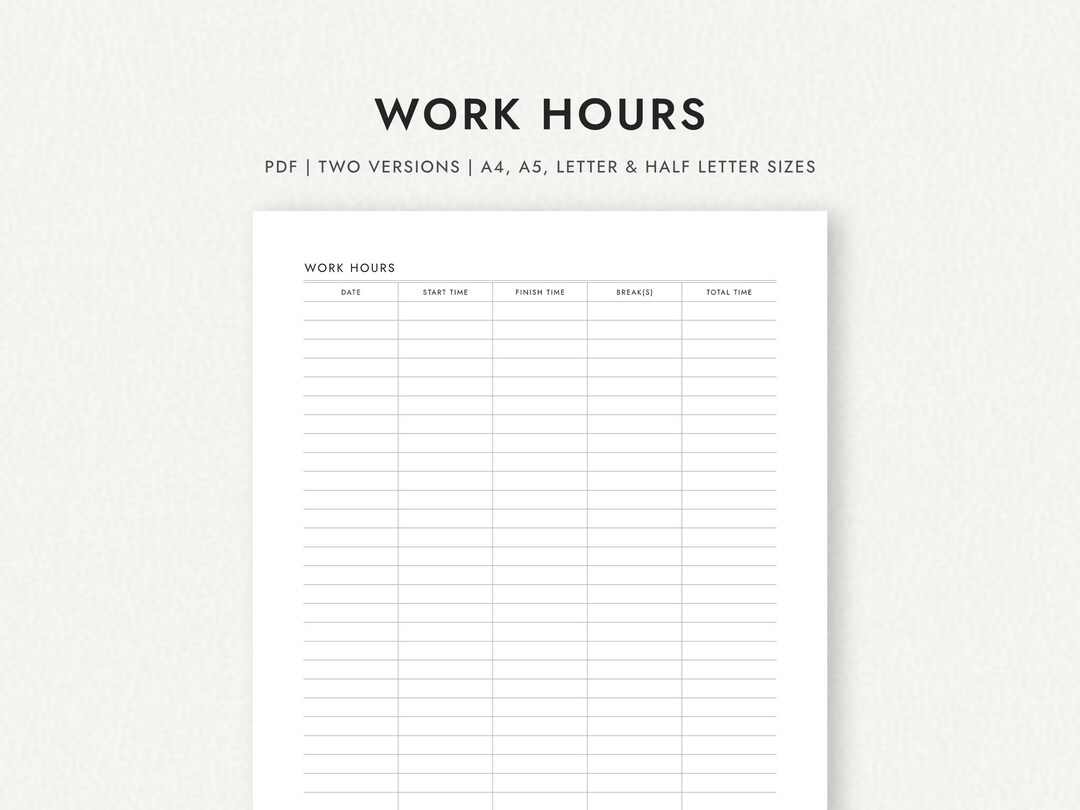 Work Hours: Time Log - A4/a5/letter/half Letter Sizes (printable PDF ...
