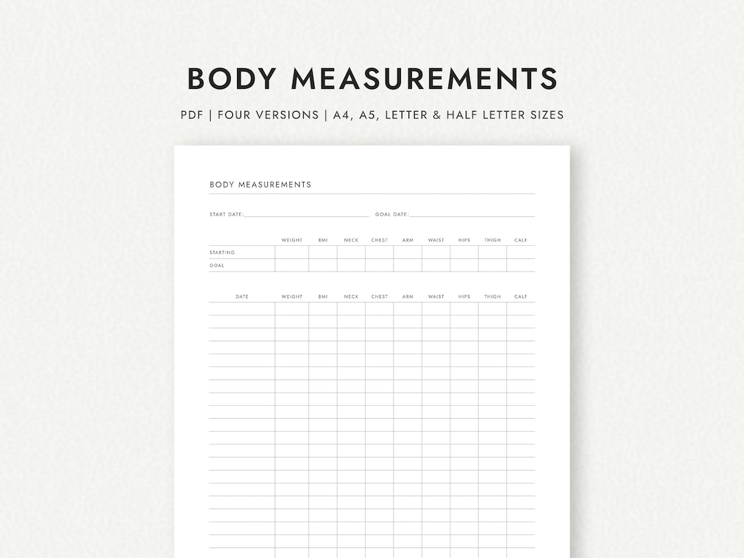 Body Measurements Tracker: Goal and List Versions - A4/a5/letter/half ...