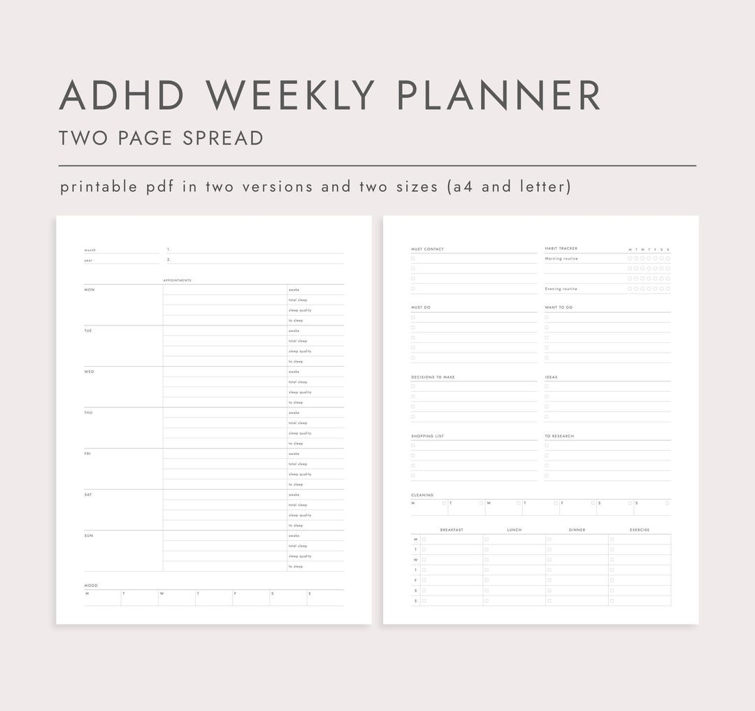 ADHD Weekly Planner, PDF Printable Planner, Instant Download, A4 ...
