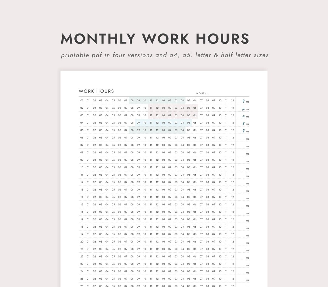 Monthly Work Hours: Work Time Tracker - A4/a5/letter/half Letter Sizes ...