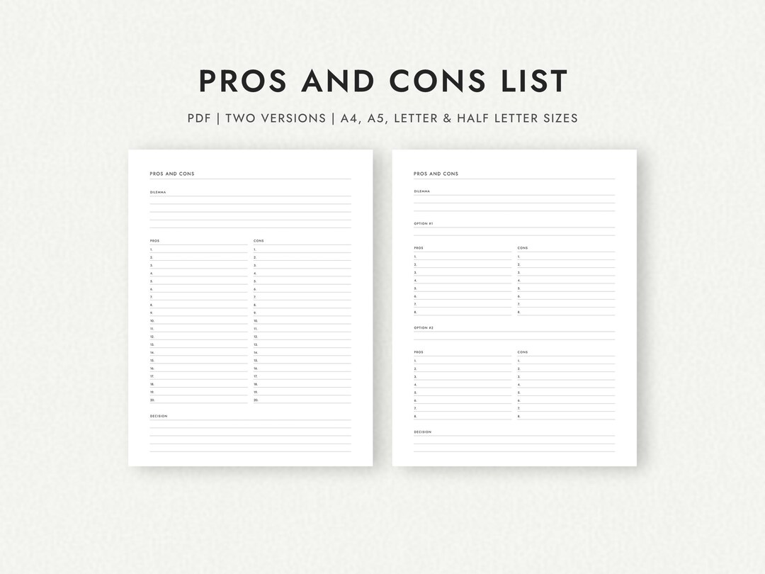 Pros and Cons List: Two Versions - A4/a5/letter/half Letter Sizes ...