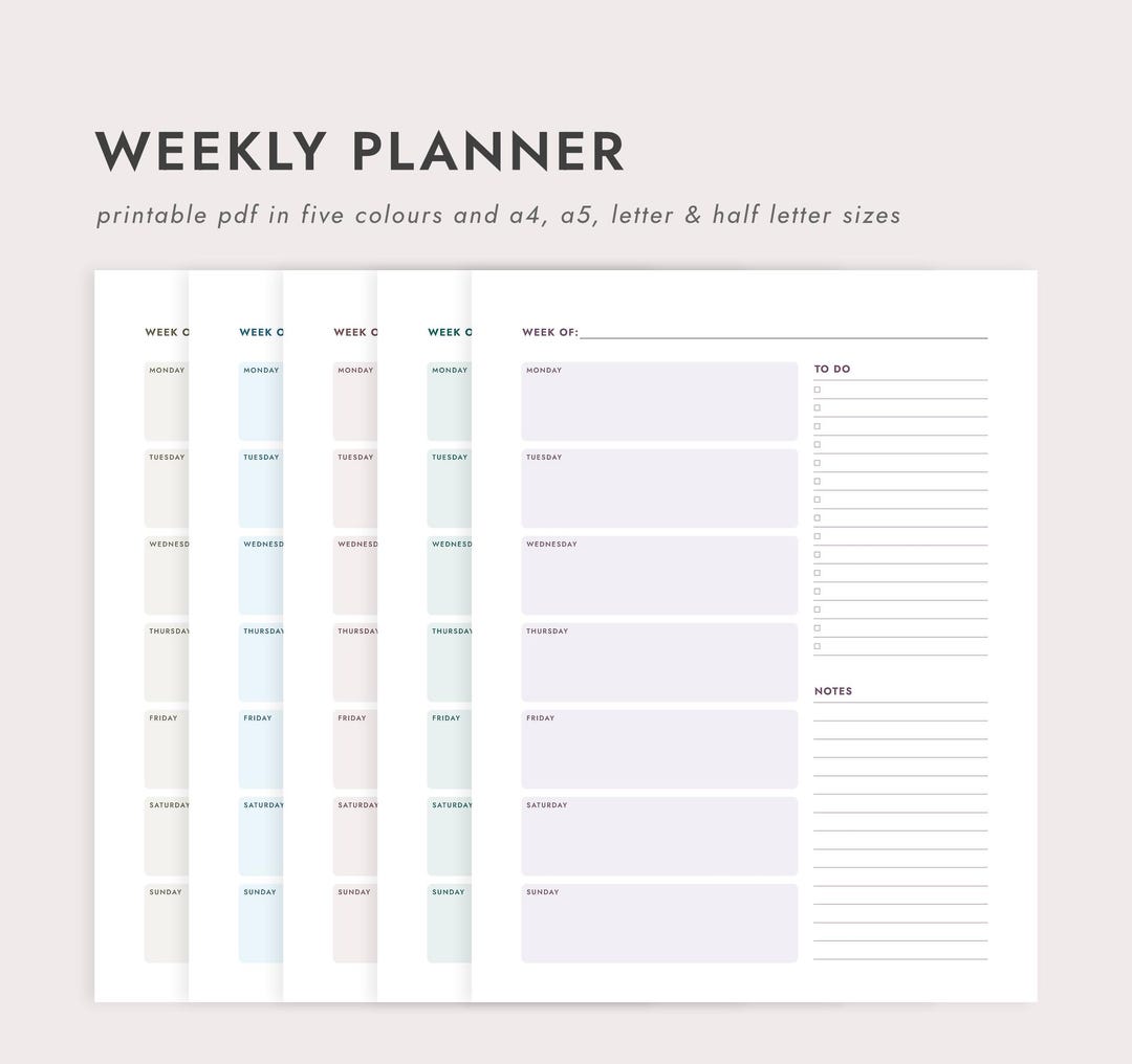 PDF Weekly Planner: Pastel Green, Blue, Pink, Purple & Brown Options ...