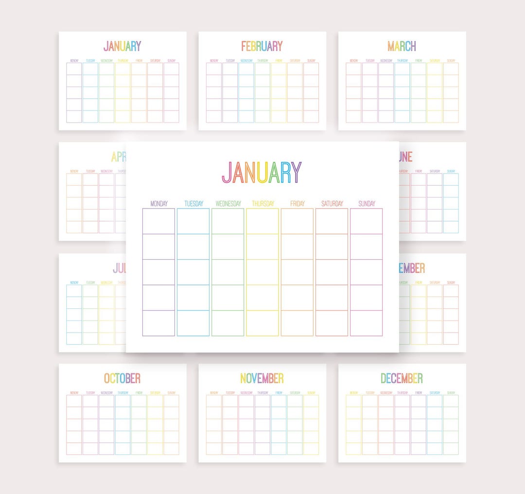 PRINTABLE Undated Rainbow Monthly Calendars: Printable PDF in A4 ...