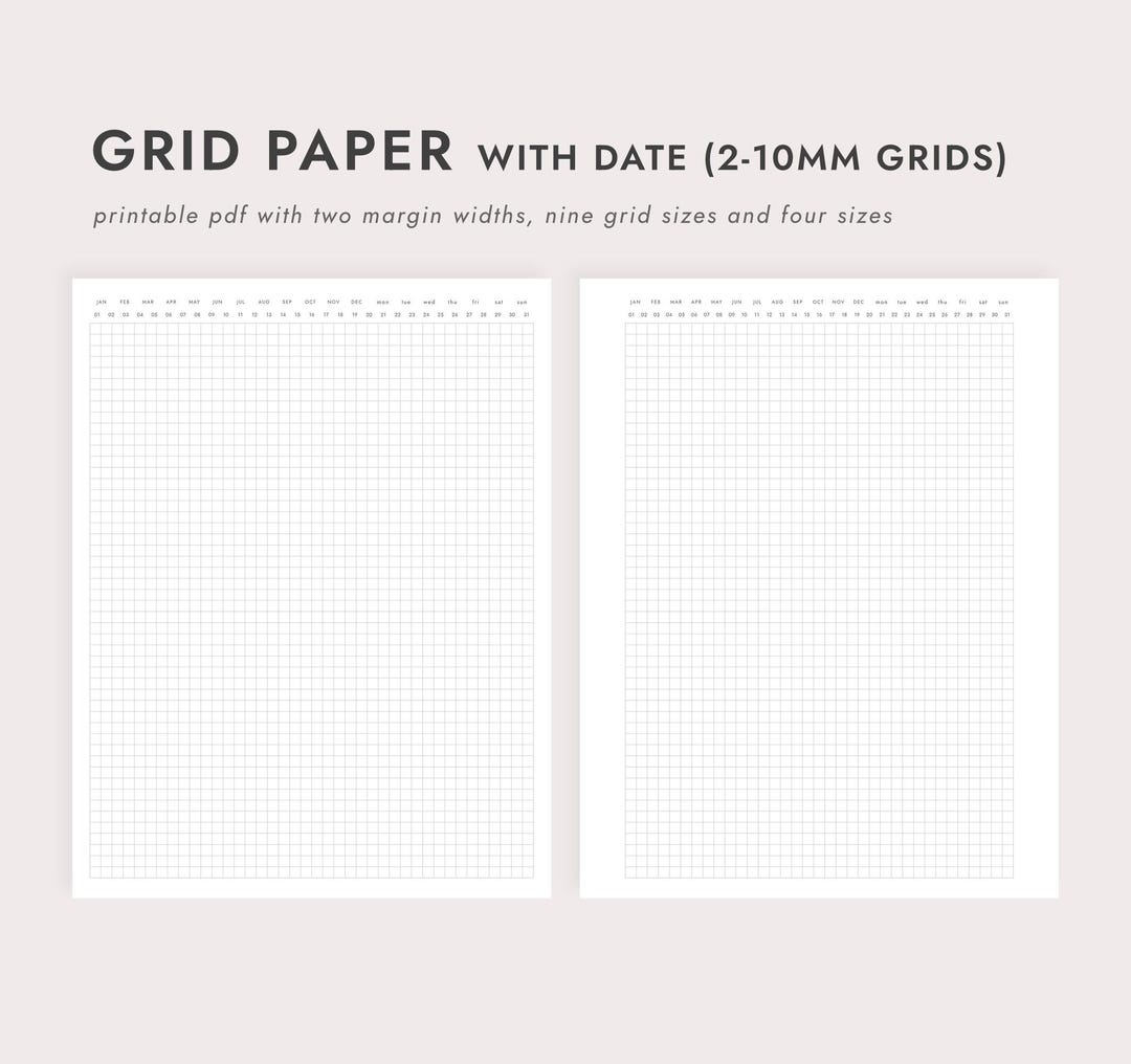 Grid Paper With Date: 9 Grid Sizes, 2 Margin Widths and Sunday & Monday ...