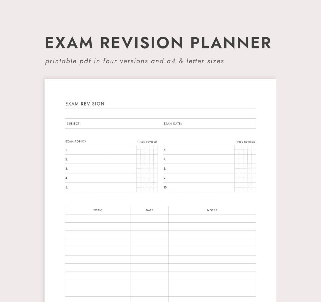 Exam Revision Planner: One or Two-pages - A4 & Letter Sizes (printable ...