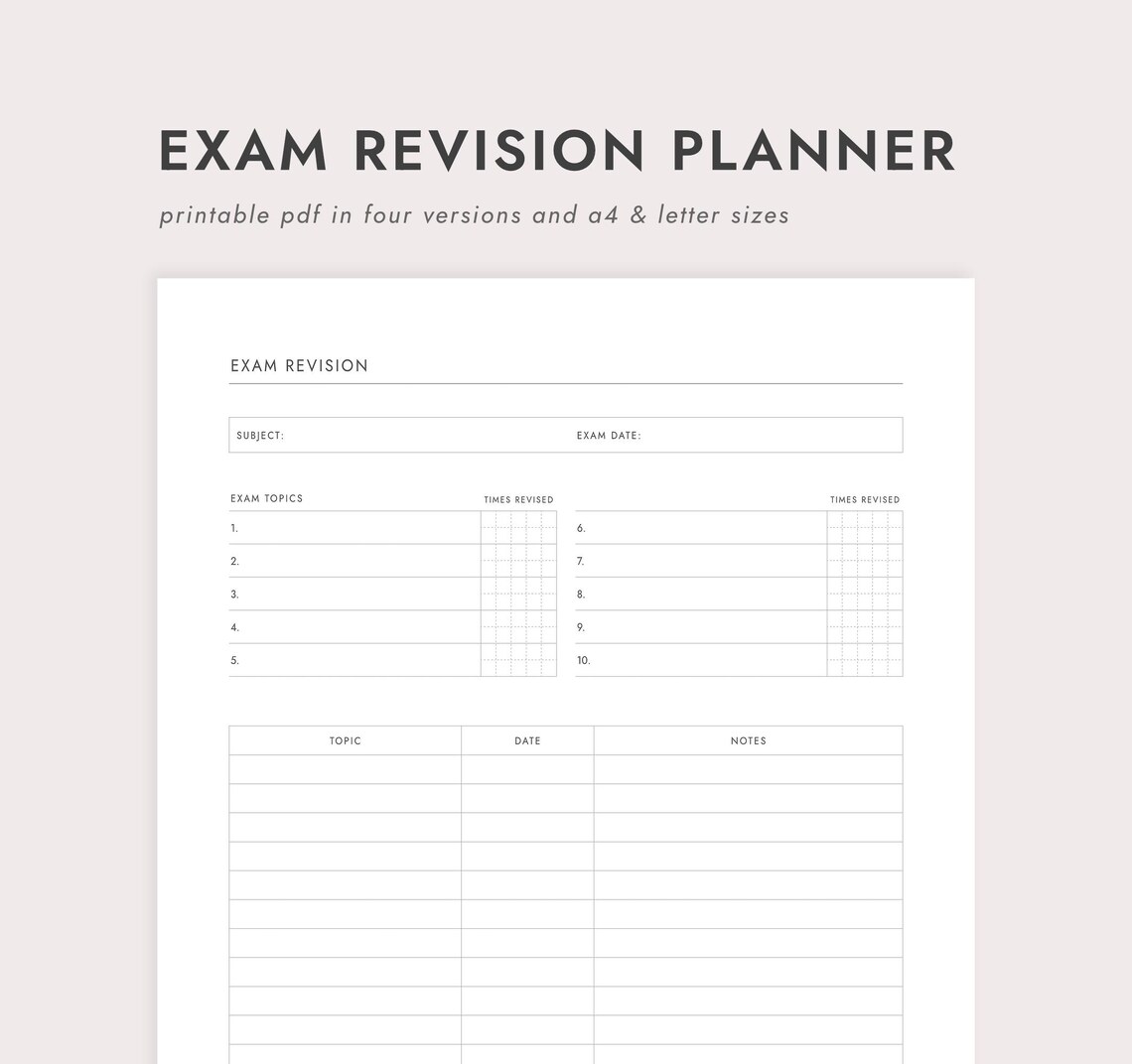 Exam Revision Planner: One or Two-pages - A4 & Letter Sizes (printable ...