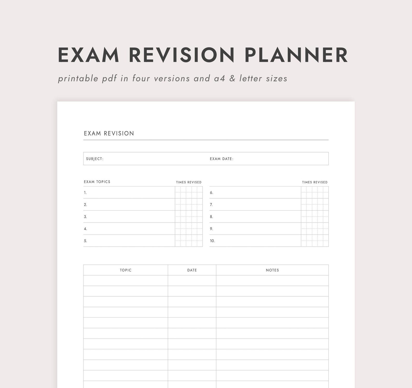 Exam Revision Planner: One or Two-pages - A4 & Letter Sizes (printable ...