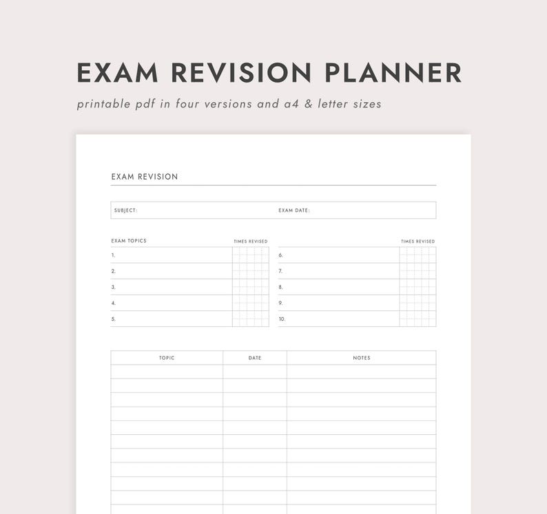 Exam Revision Planner: One or Two-pages - A4 & Letter Sizes (printable ...