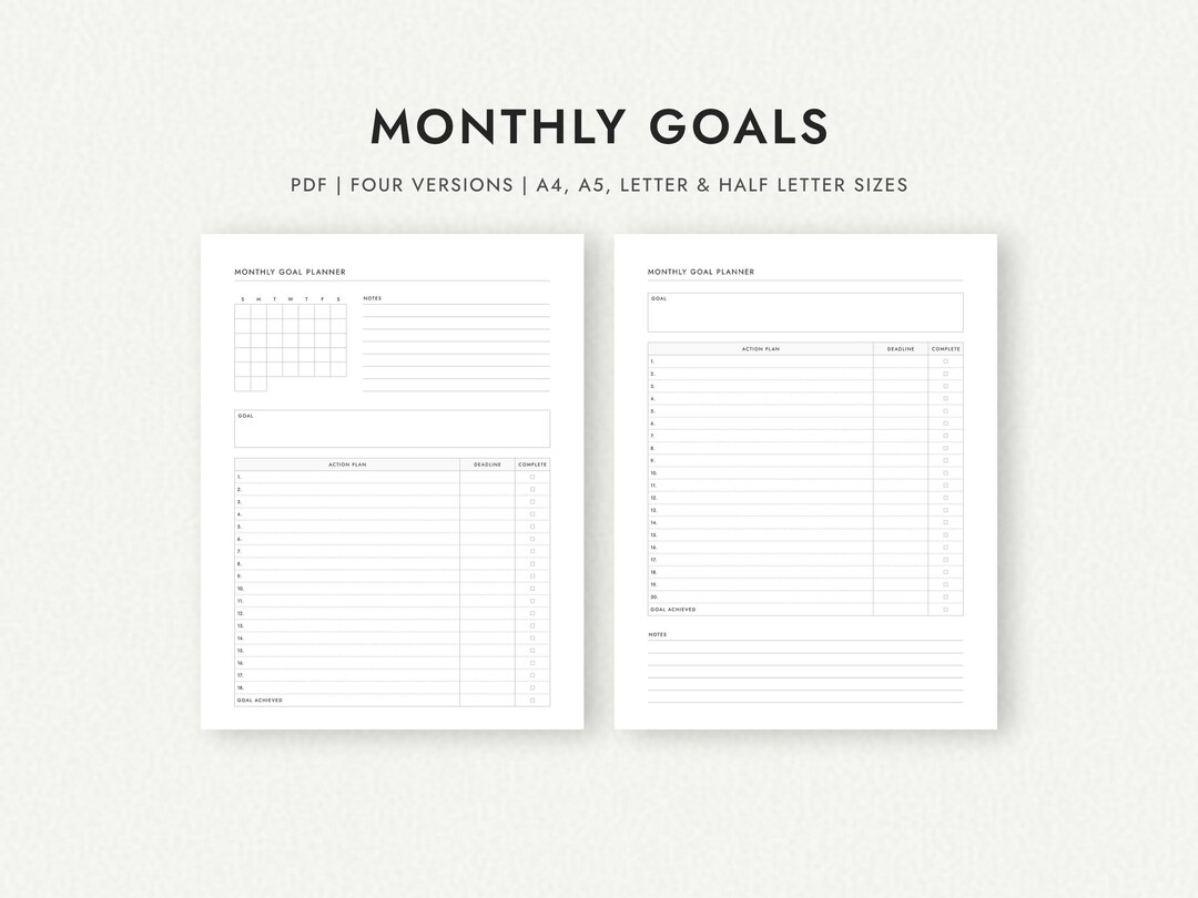 Monthly Goal Planner: Four Versions - A4/a5/letter/half Letter Sizes ...