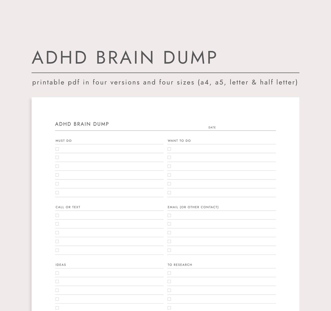 ADHD Brain Dump, PDF Printable Planner, Instant Download, A4/a5/letter ...