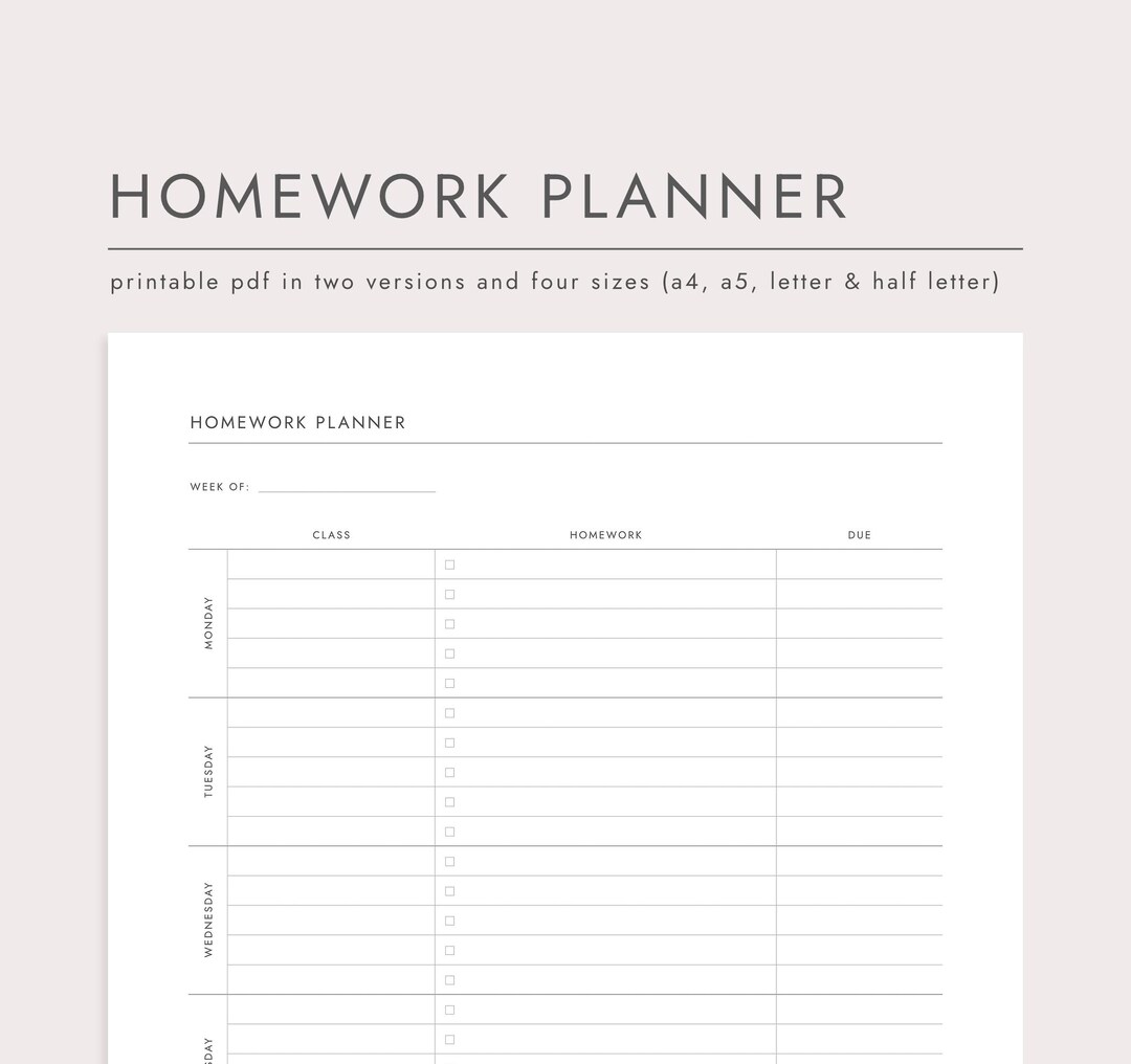 Homework Planner, PDF Printable Planner, Instant Download, A4, A5 ...
