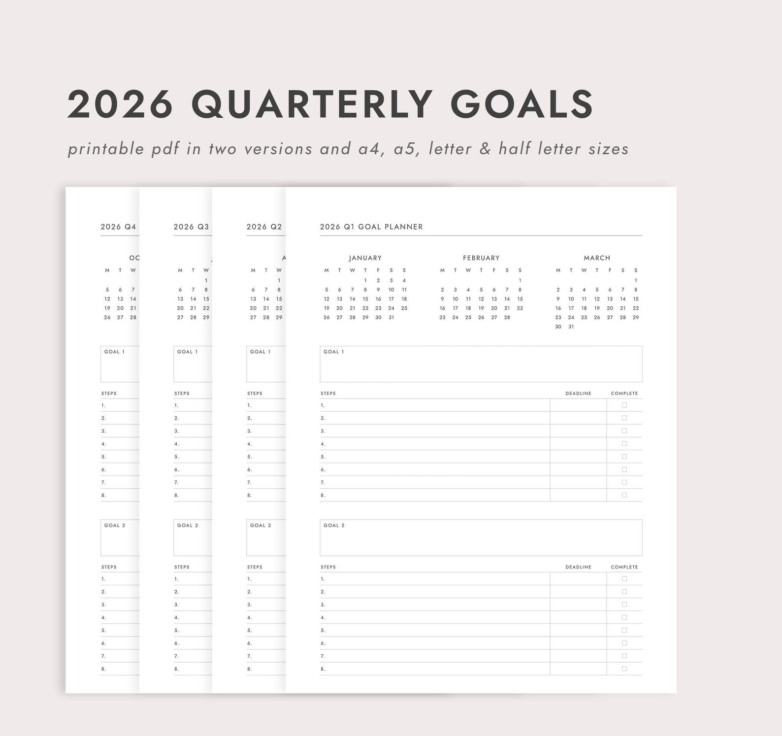 2026 Quarterly Goals Planner - A4/a5/letter/half Letter Sizes ...