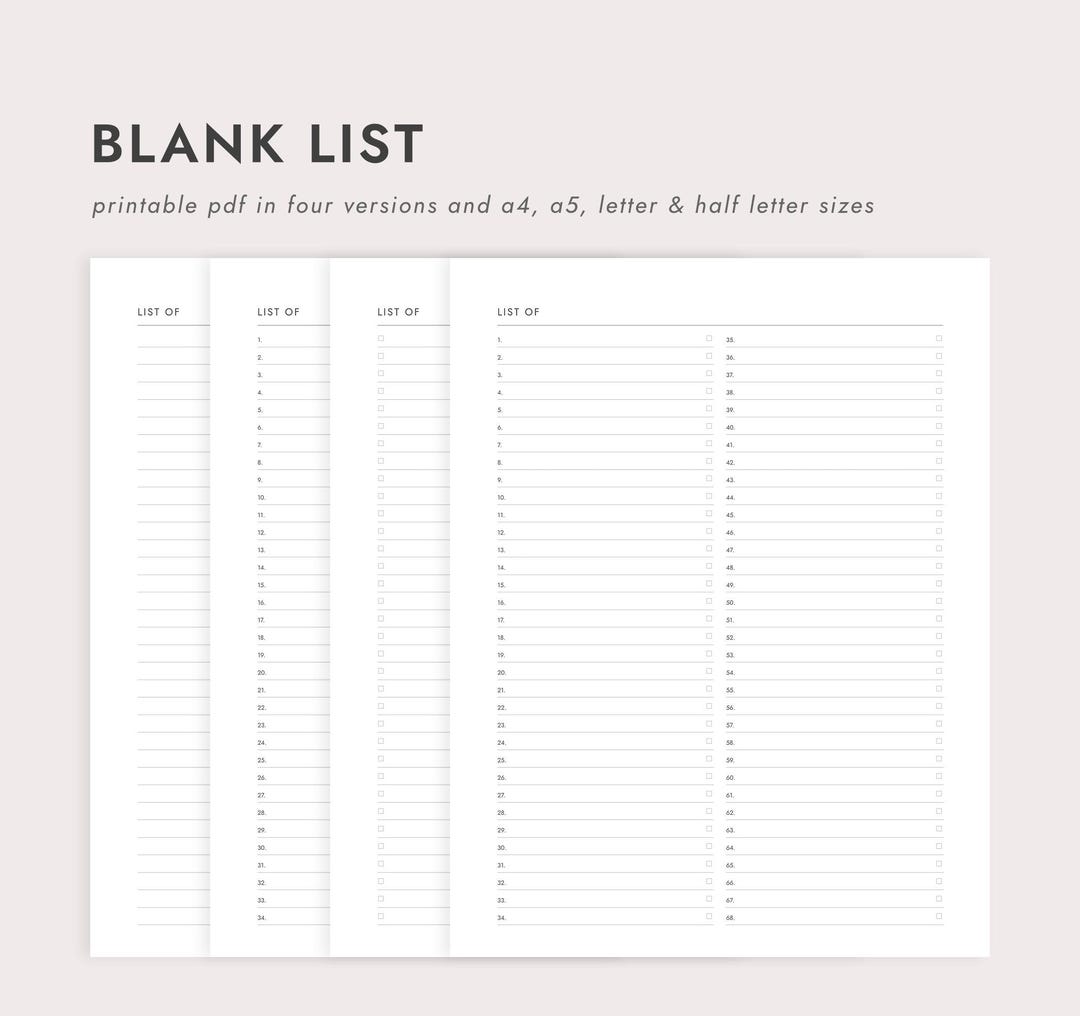 Blank List: Numbered or With Checkboxes - A4/a5/letter/half Letter ...