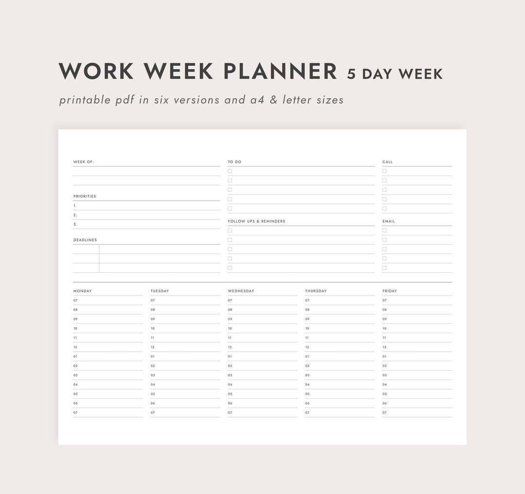 PDF Work Week Planner: Five Day Week Landscape - A4 & Letter Sizes ...