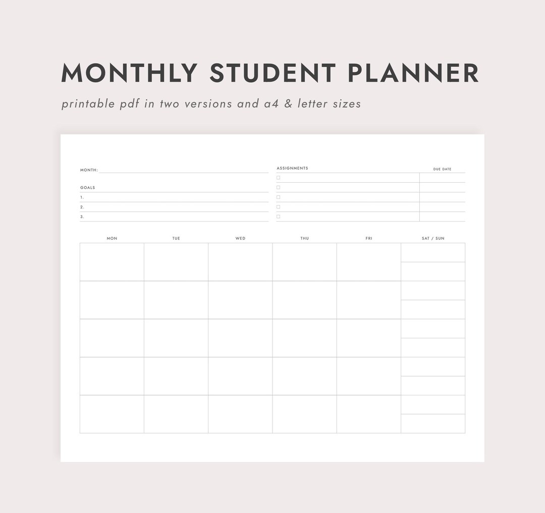 Monthly Student Planner, PDF Printable Planner, Instant Download, A4 ...
