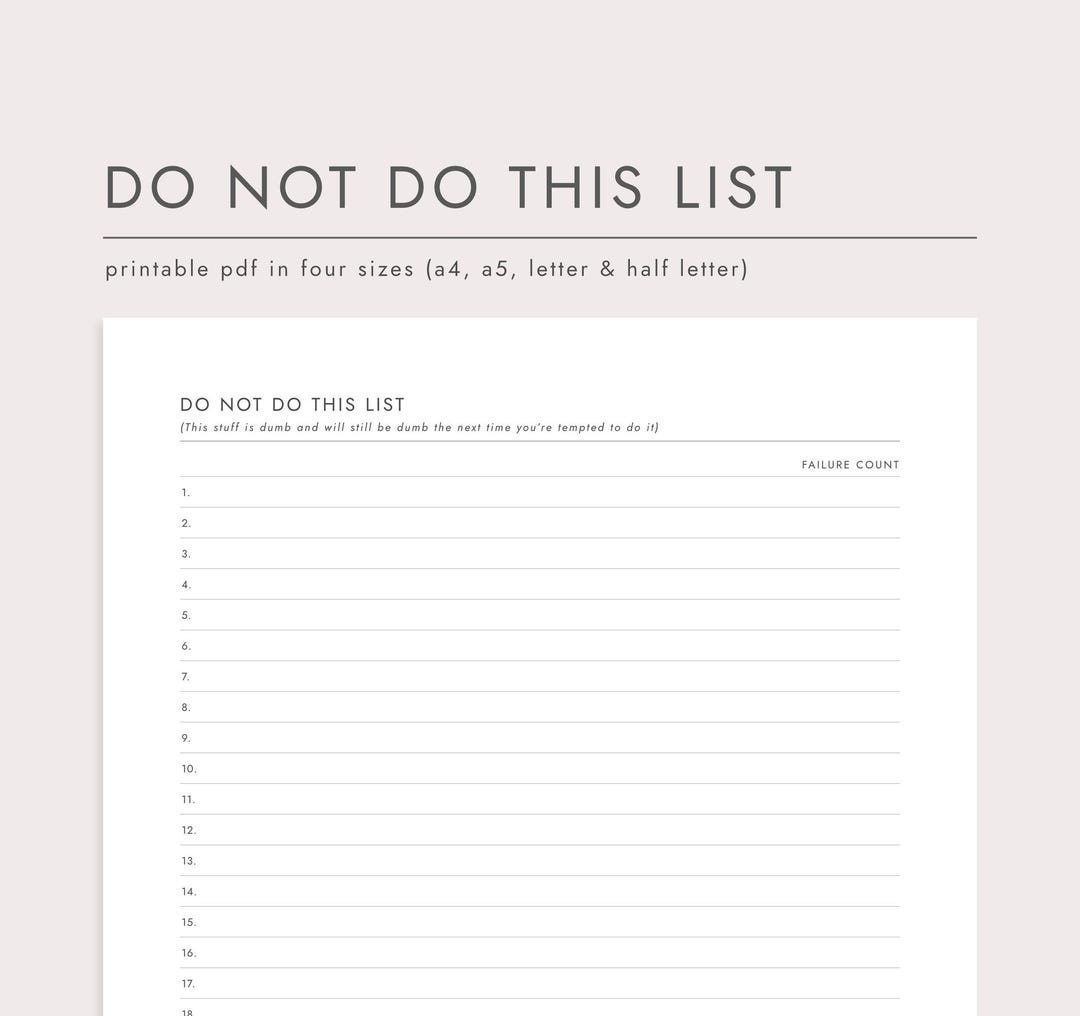 Do Not Do This List, PDF Printable Planner, Instant Download, A4/a5 ...