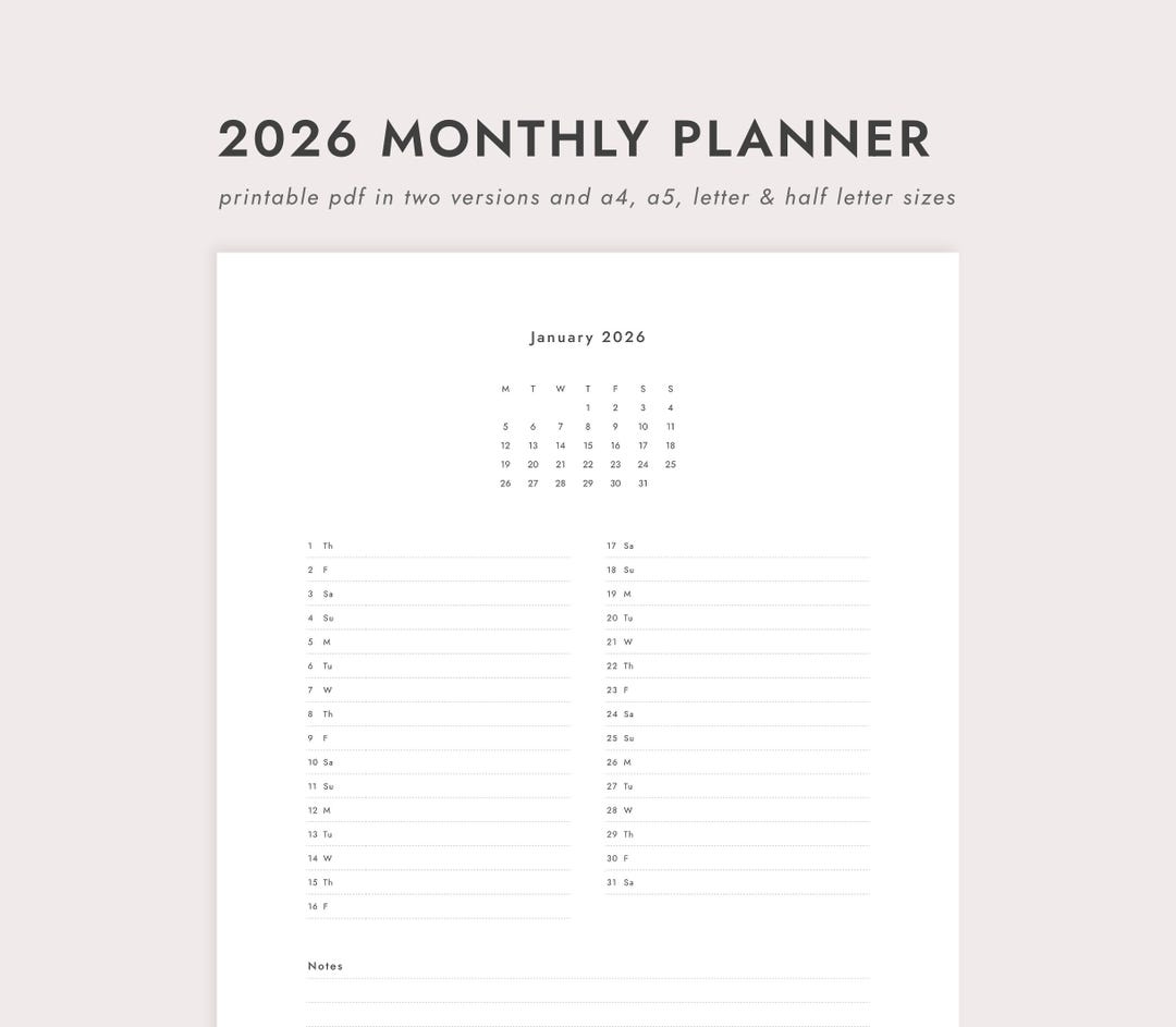 2026 Monthly Planner: Minimalist - A4/a5/letter/half Letter Sizes ...