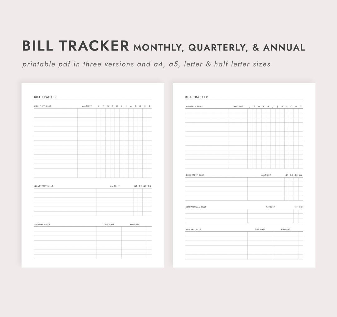 PDF Bill Tracker: Monthly, Quarterly, Semi-annual & Annual Options - A4 ...