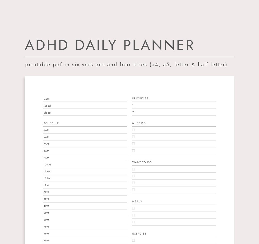 ADHD Daily Planner, PDF Printable Planner, Instant Download, A4/a5 ...
