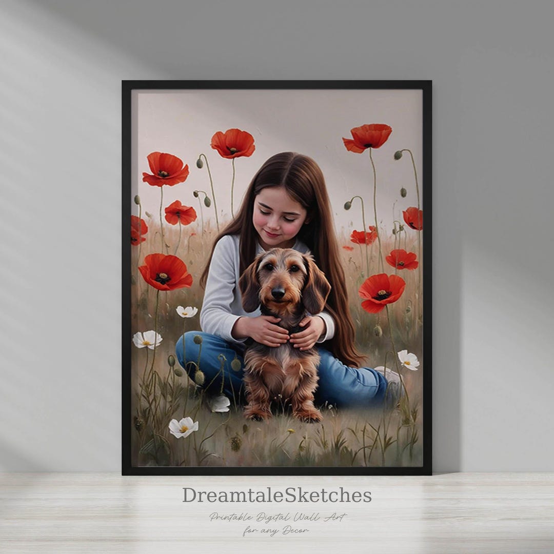 Teckel Lovers Print Botanical Wall Art Spring Field Scene Digital Dog ...