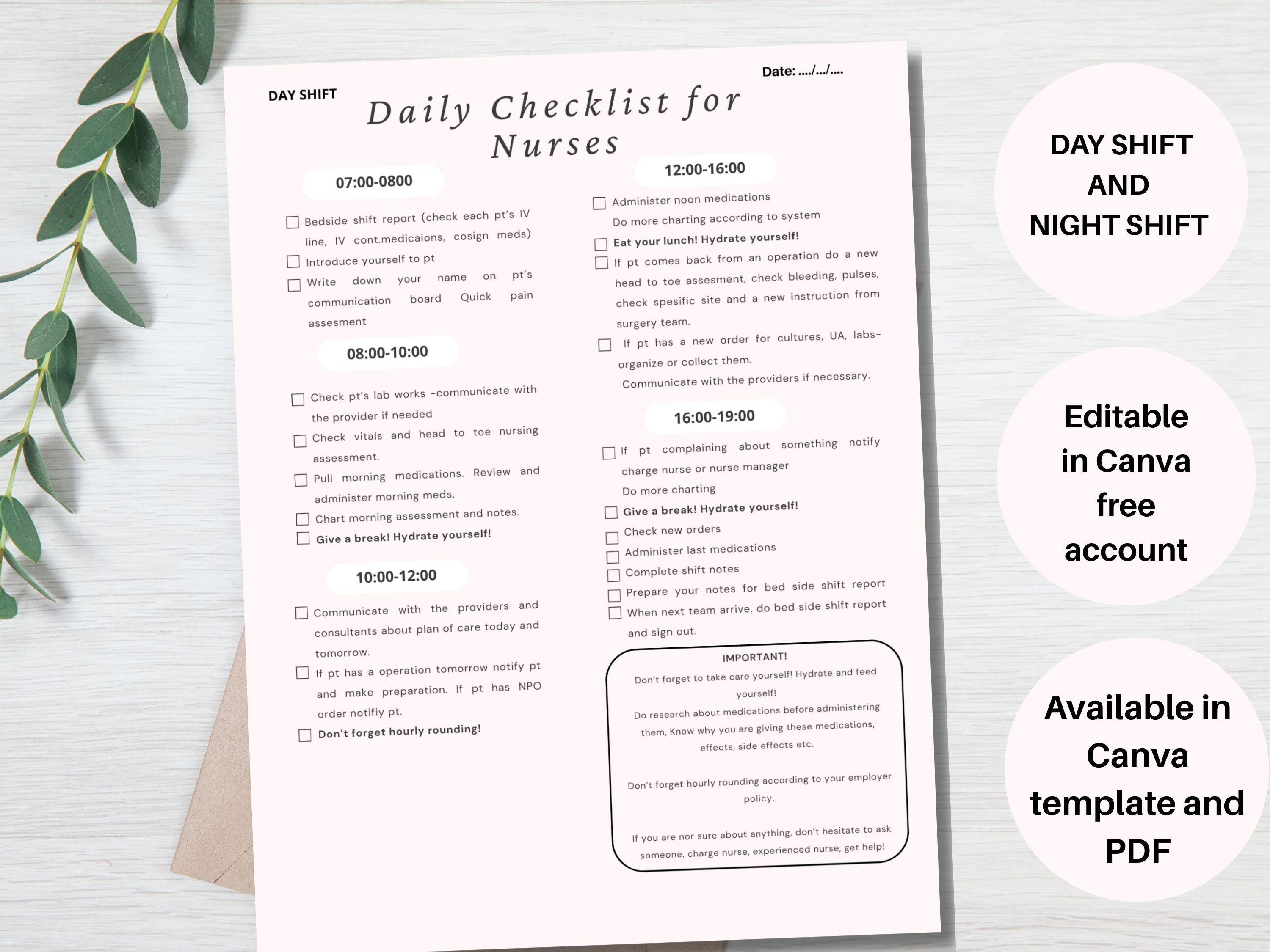 Editable Nursing Daily Checklist, Daily Workflow Checklist, to Do List ...