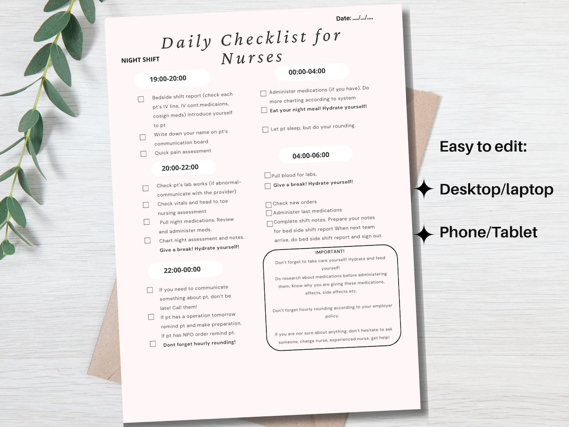 Editable Nursing Daily Checklist, Daily Workflow Checklist, to Do List ...