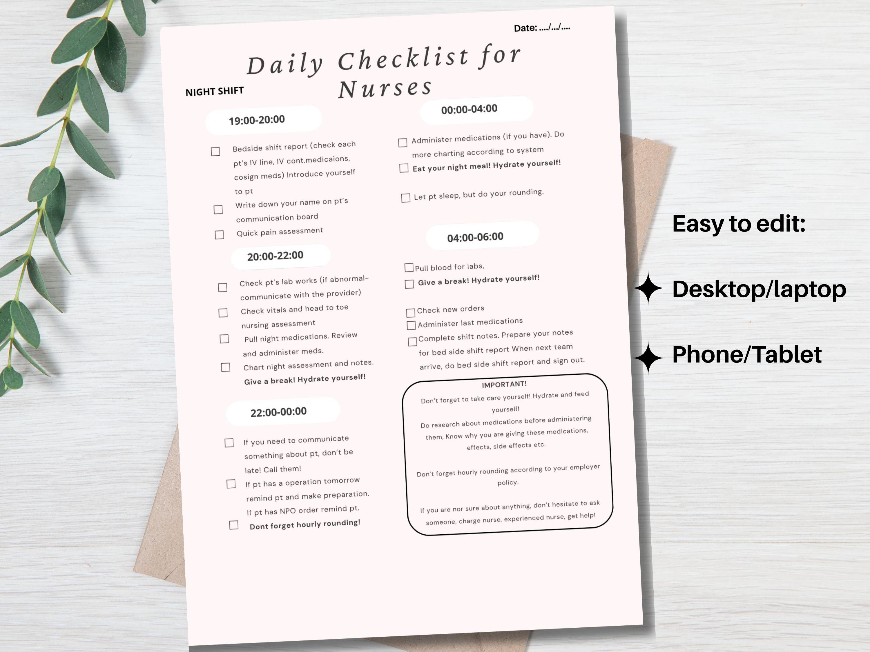 Editable Nursing Daily Checklist, Daily Workflow Checklist, to Do List ...