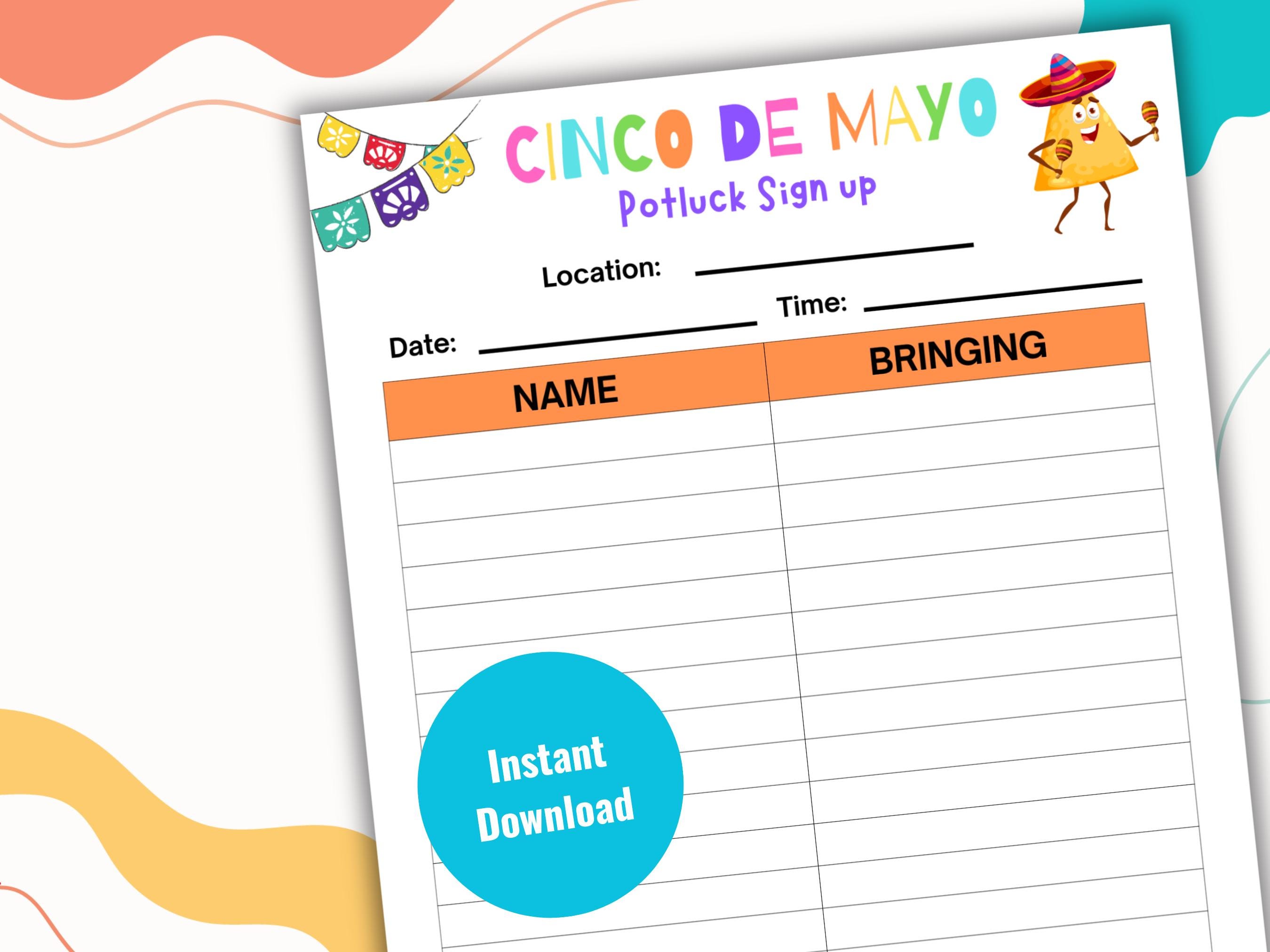 Cinco De Mayo Potluck Sign up Sheet Printable for Mexican Fiesta Party ...