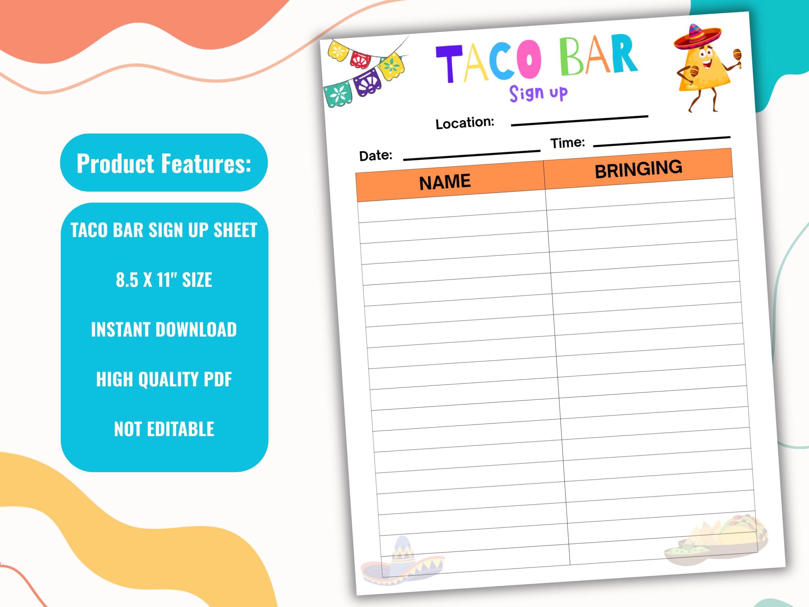 Taco Bar Potluck Sign up Sheet Printable for Mexican Food Fiesta Party ...