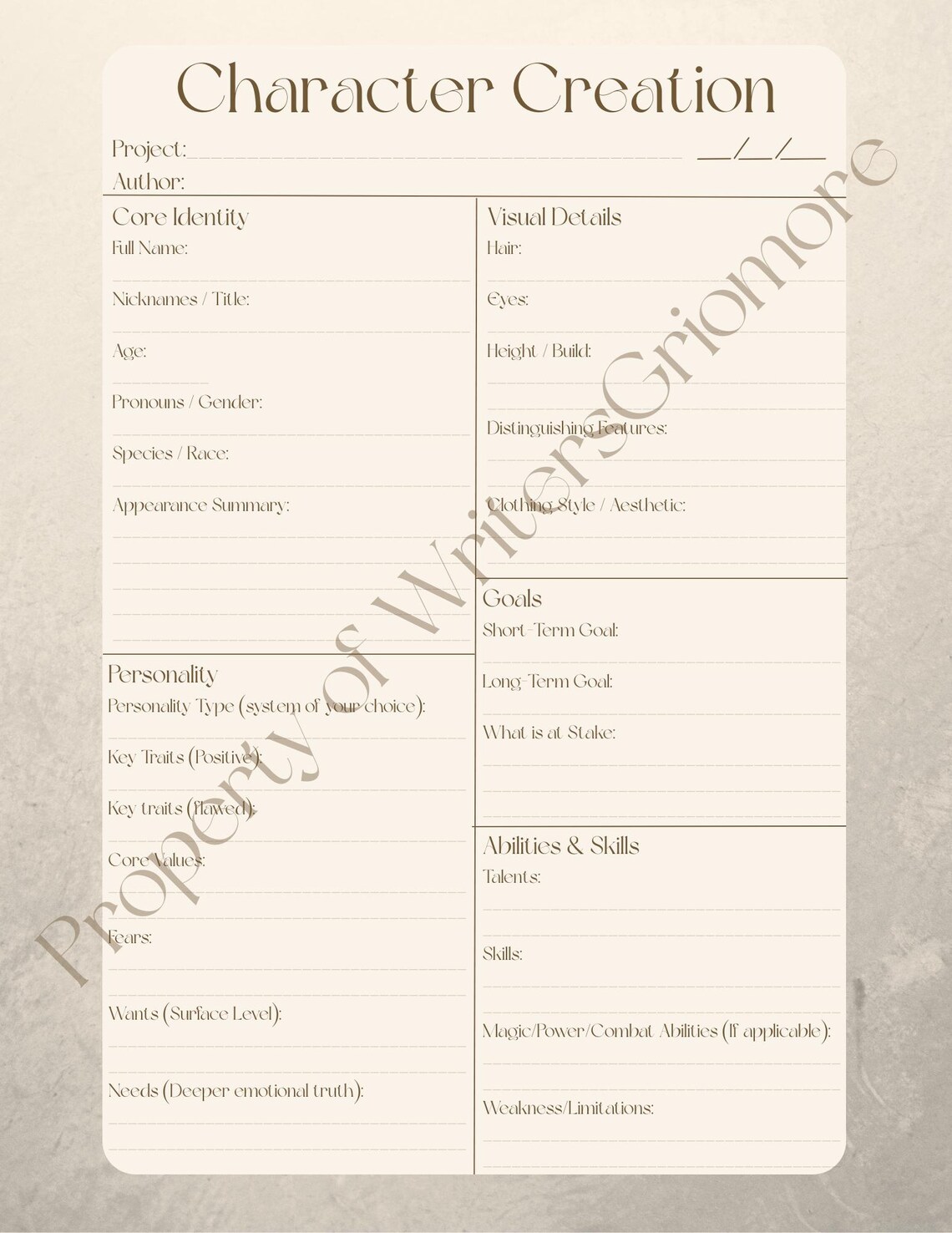 Character Creation Grimoire Pages | 4-page Writing Template Set - Etsy