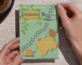 Jungle Dinosaur Birthday Invitation | Editable Canva Template | Green ...