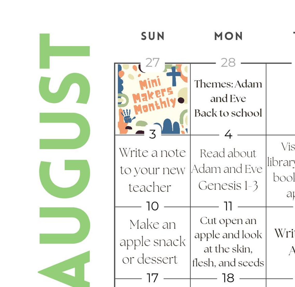 August Activity Calendar - Etsy