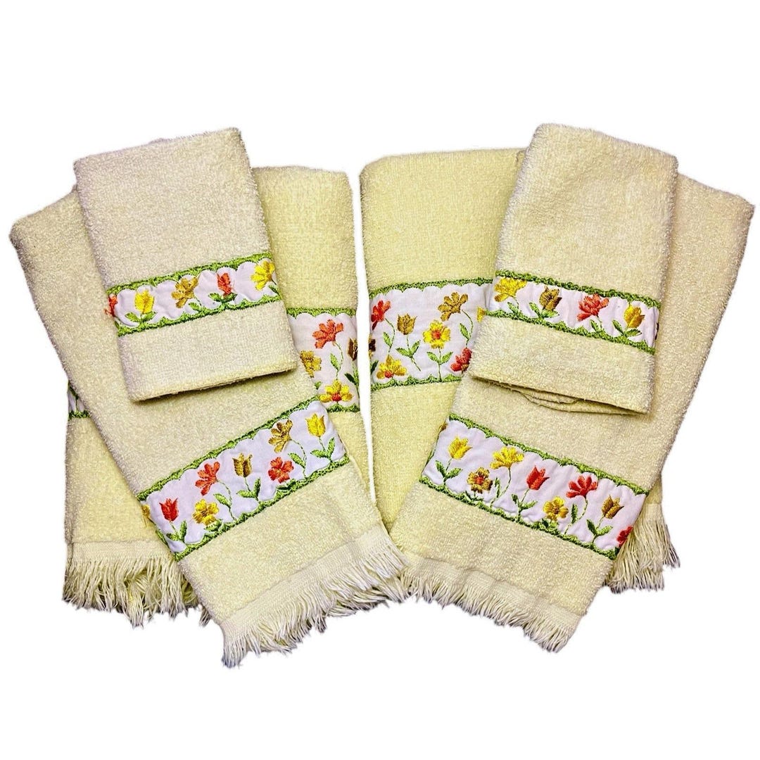 Vintage MCM Cannon Monticello Yellow Set of 6 Towel Set Embroidered ...