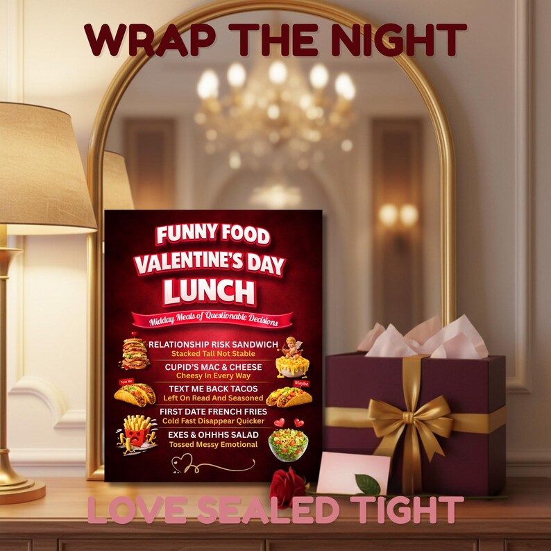 Funny Food Valentines Day Lunch Menu Printable, Valentines Party Decor ...