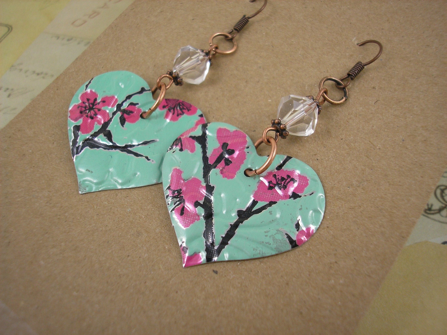 Tea Heart Earring W/ Crystal Bead. Double-sided. Recycled Soda - Etsy