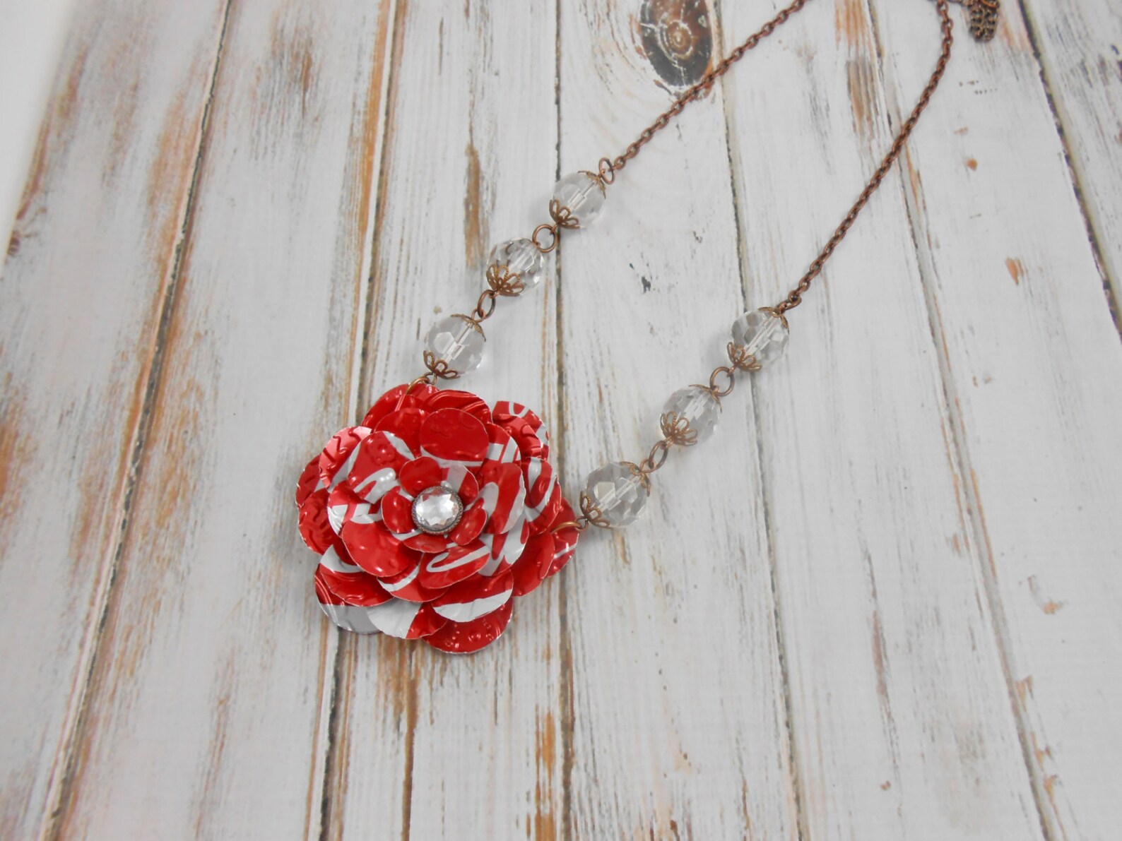 Red Coke Rose and Crystal Bead Necklace. Recycled Soda Can - Etsy