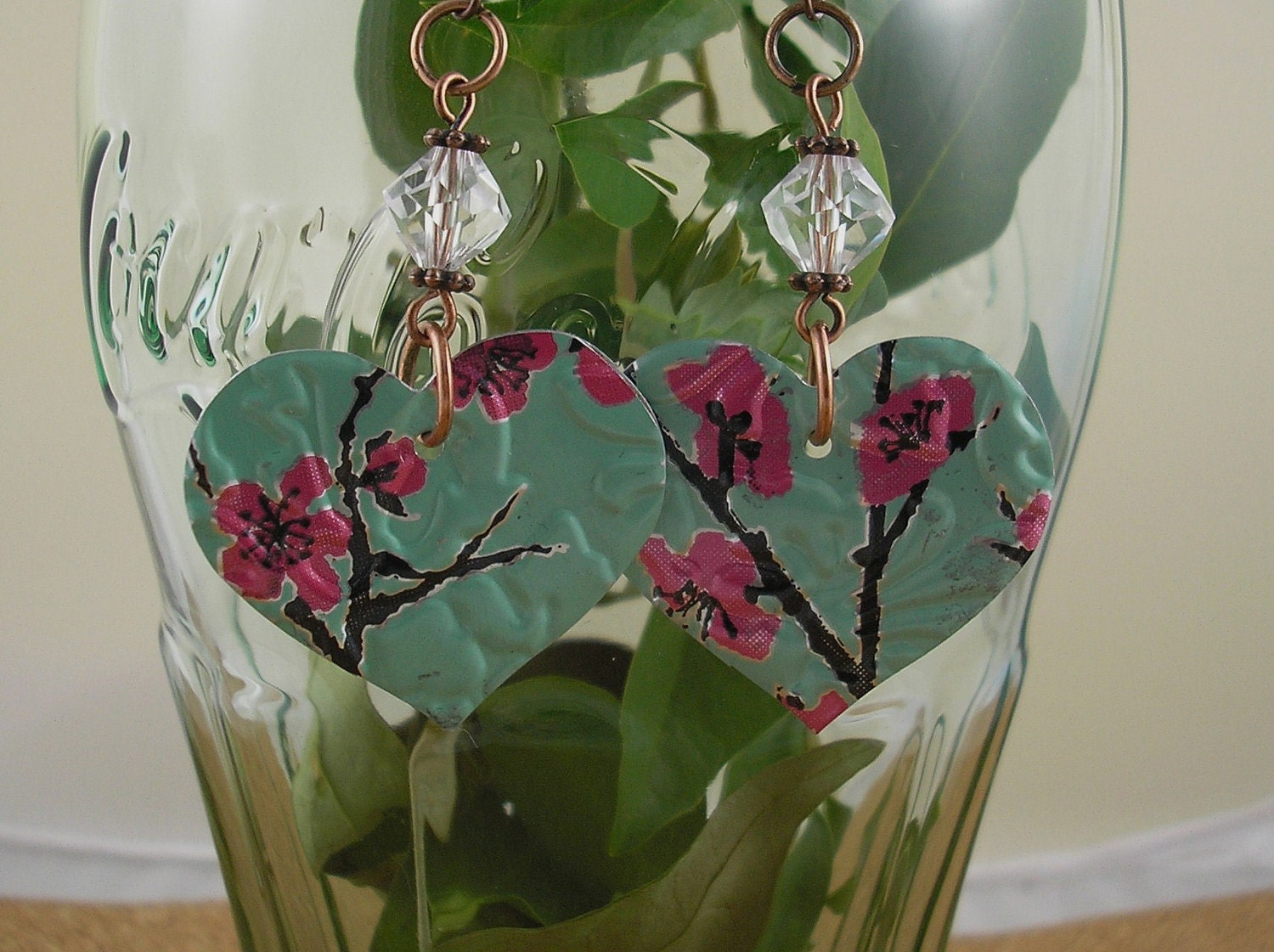 Tea Heart Earring W/ Crystal Bead. Double-sided. Recycled Soda - Etsy