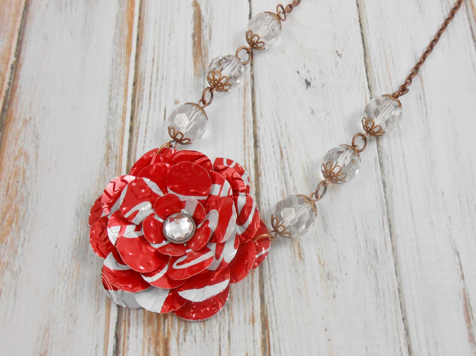 Red Coke Rose and Crystal Bead Necklace. Recycled Soda Can - Etsy
