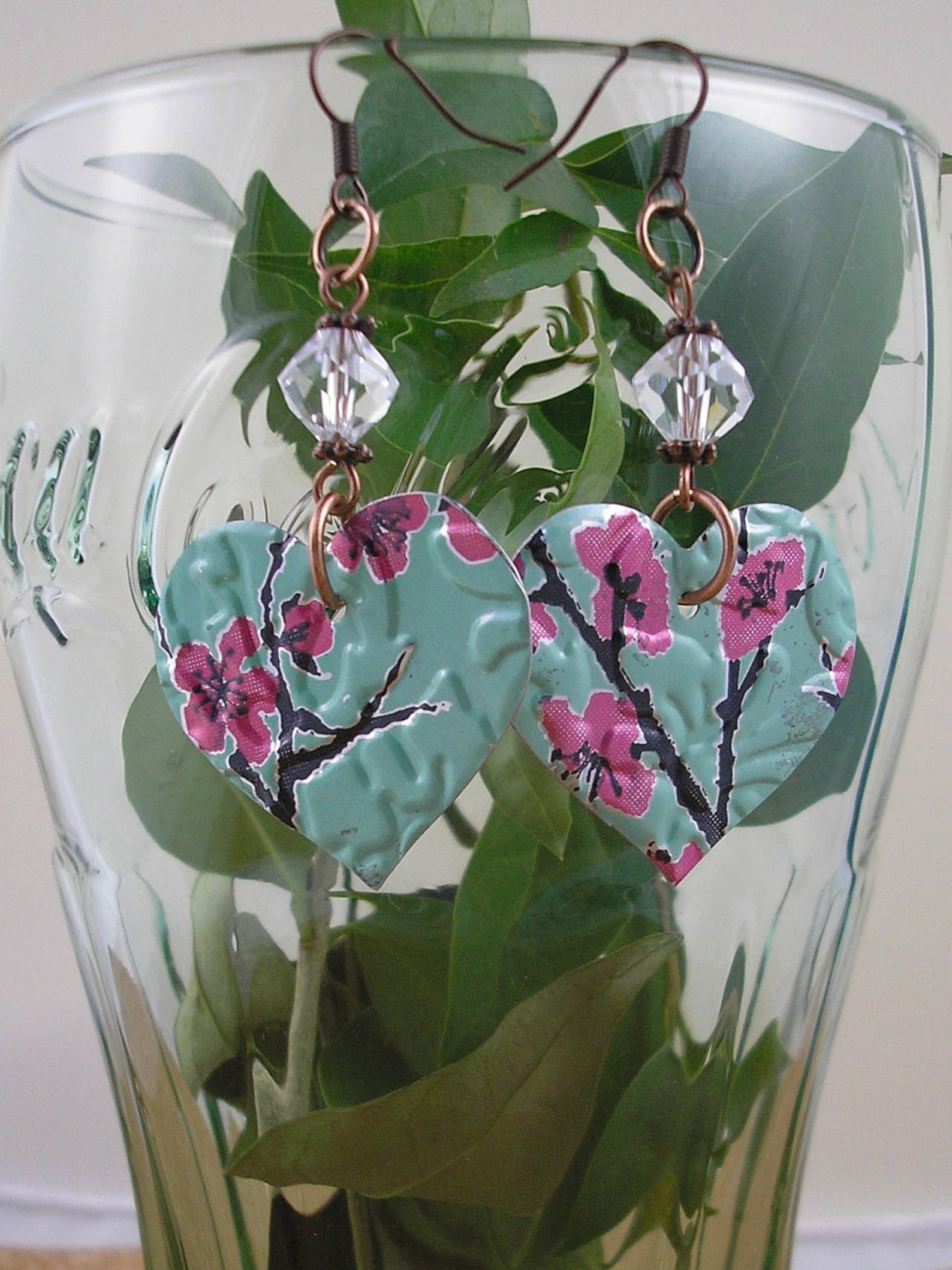 Tea Heart Earring W/ Crystal Bead. Double-sided. Recycled Soda - Etsy