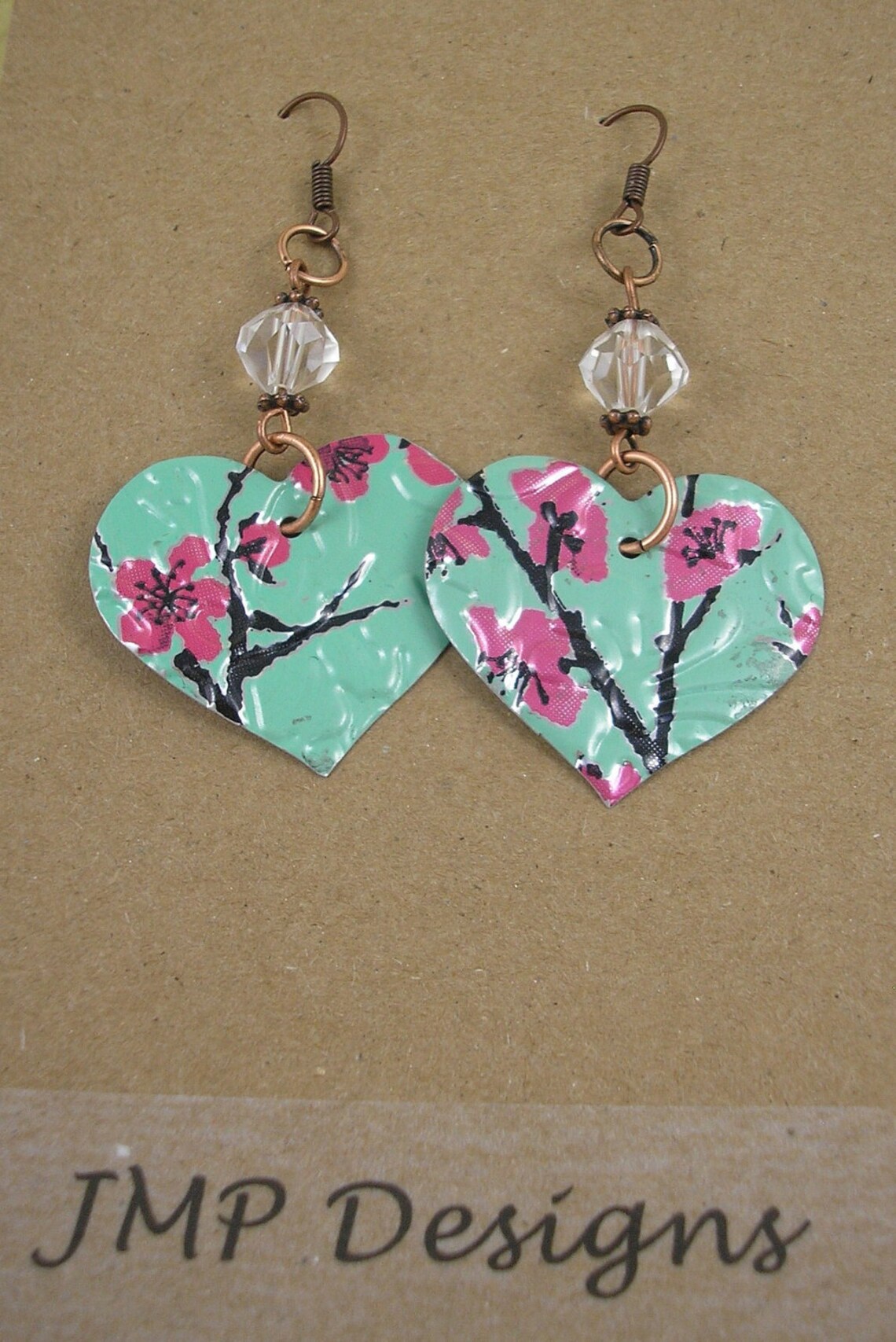 Tea Heart Earring W/ Crystal Bead. Double-sided. Recycled Soda - Etsy