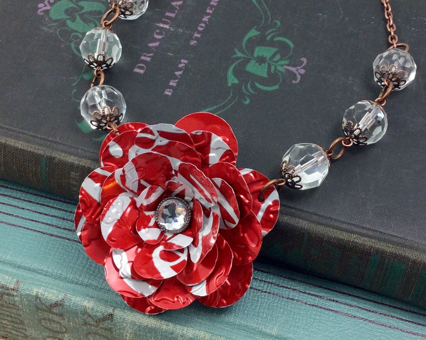 Red Coke Rose and Crystal Bead Necklace. Recycled Soda Can | Etsy