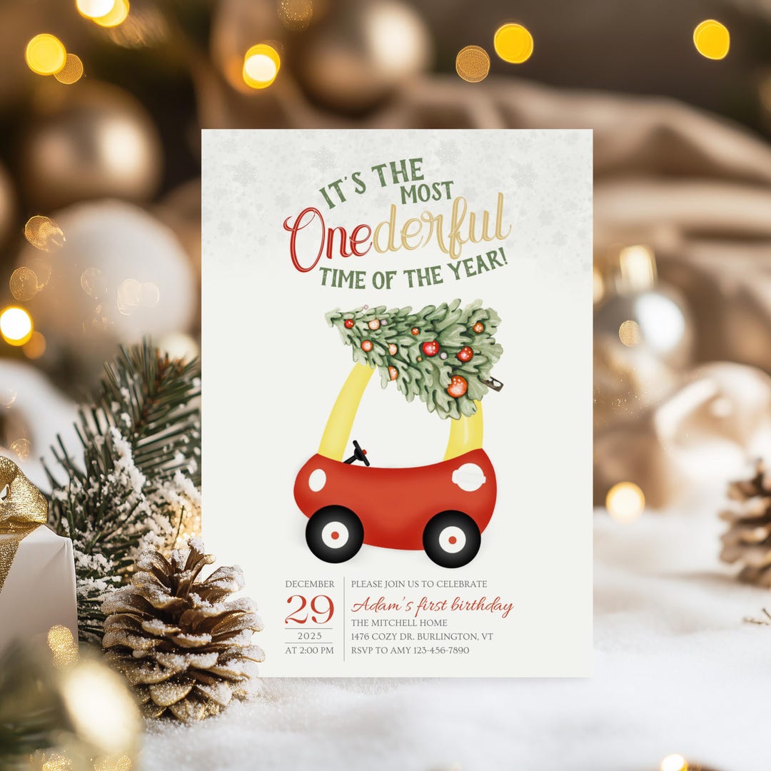Christmas First Birthday Invitation: Cozy Coupe Car (digital Download ...